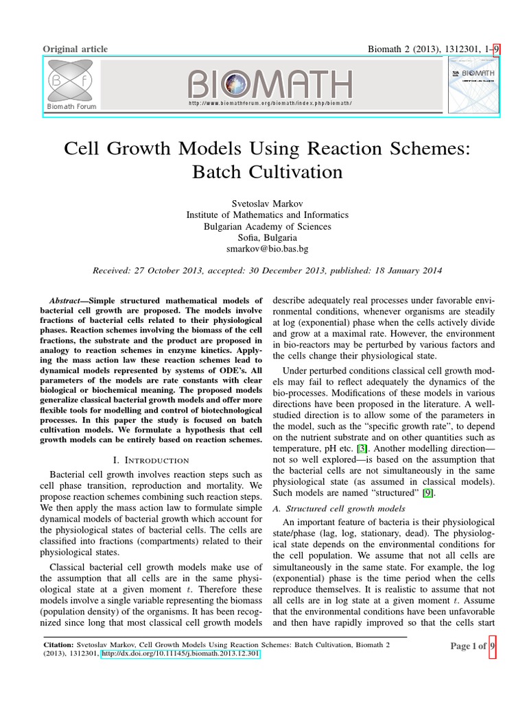 Biomath: Cell Growth Models Using Reaction Schemes: Batch Cultivation ...