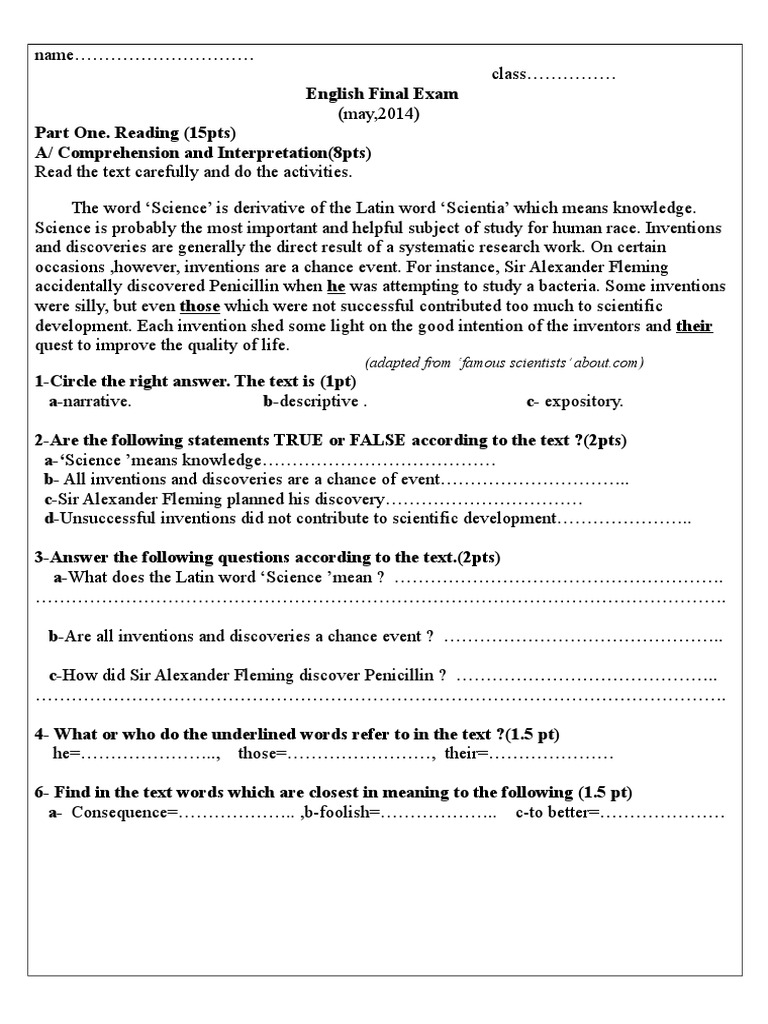 1AS 3rd Term Exam of English | PDF | Invention | Science