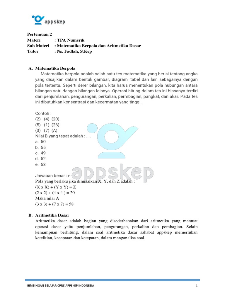 Pertemuan 2 Materi: TPA Numerik Sub Materi: Matematika Berpola Dan Aritmetika Dasar Tutor: Ns ...