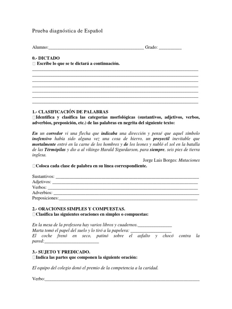 Prueba Diagnóstica de Español 2 | Descargar gratis PDF | Verbo | Adverbio