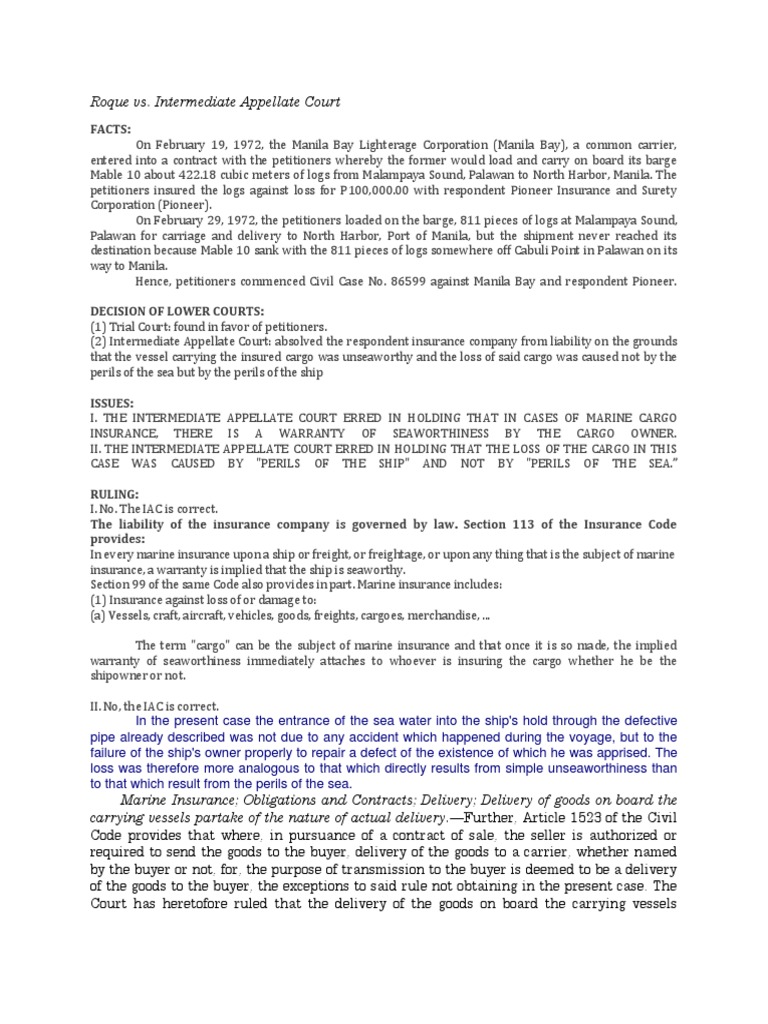 Roque vs. Intermediate Appellate Court: Facts | PDF | Cargo | Insurance