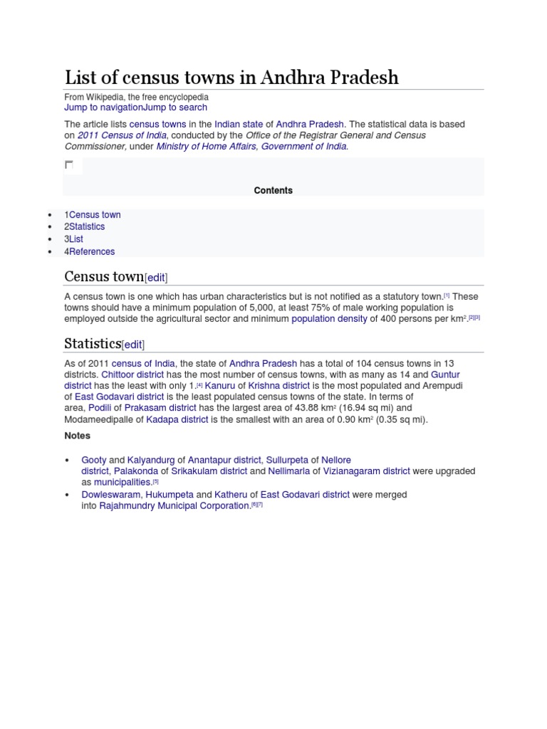 List of Census Towns in Andhra Pradesh | PDF