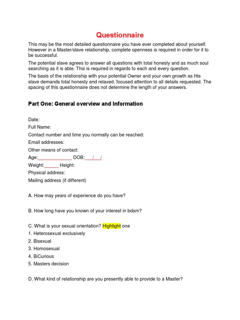 Master's Questionnaire: Detailed BDSM Assessment | PDF | Bdsm | Human ...
