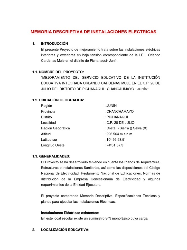 Memoria Descriptiva Instalaciones Eléctricas-Ge | PDF | Electricidad | Ingeniería