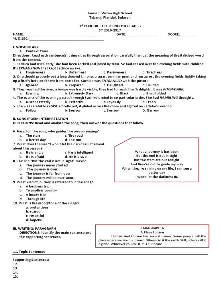 3rdperiodic Test in English Grade 7 | PDF