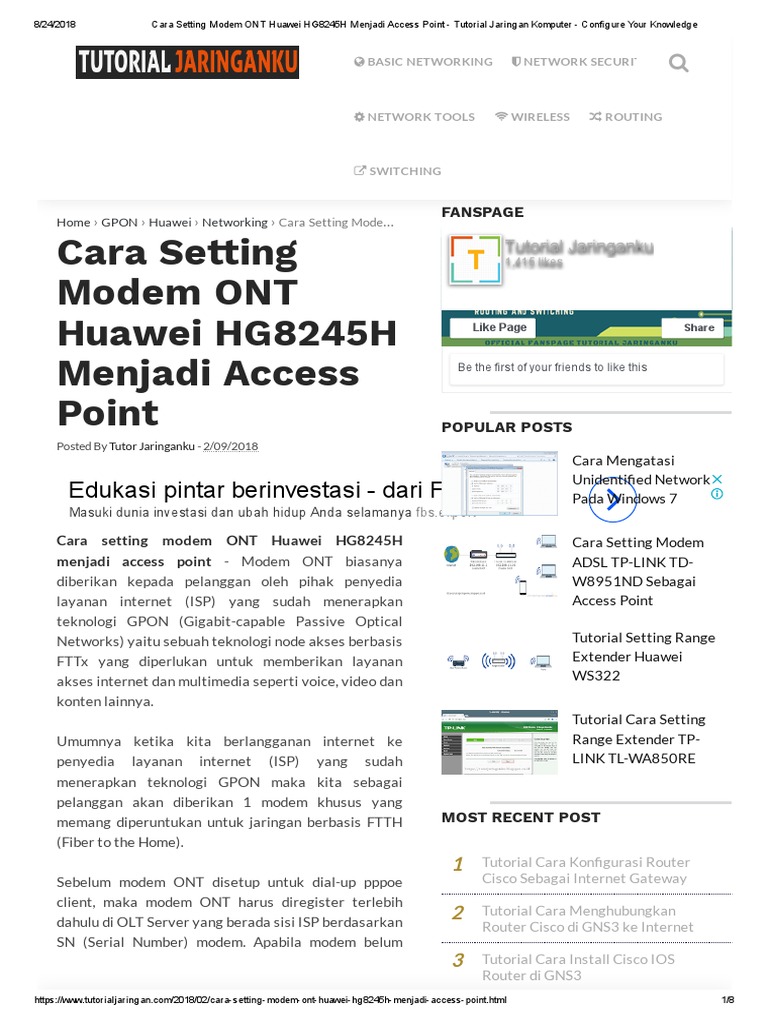 Cara Setting Modem ONT Huawei HG8245H Menjadi Access Point | PDF