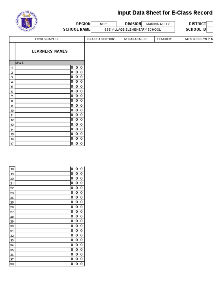 Input Data Sheet For E-Class Record: Region Division District School Name School Id | PDF ...