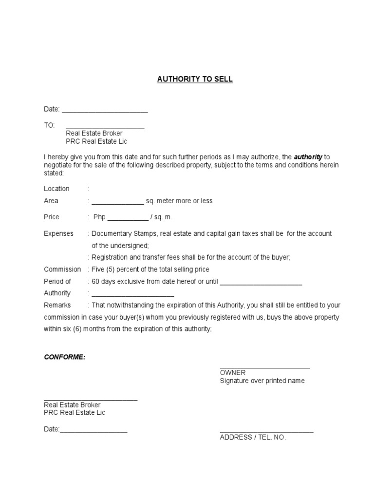 Authority to sell form