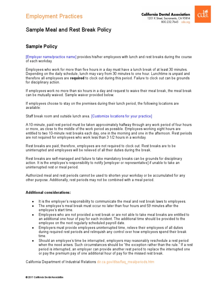 Sample Meal and Rest Break Policy | PDF | Lunch | Social Institutions