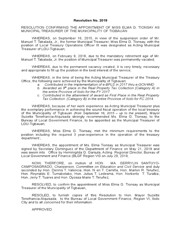 Resolution Confirming Appointment of Municipal Treasurer | PDF | Social ...