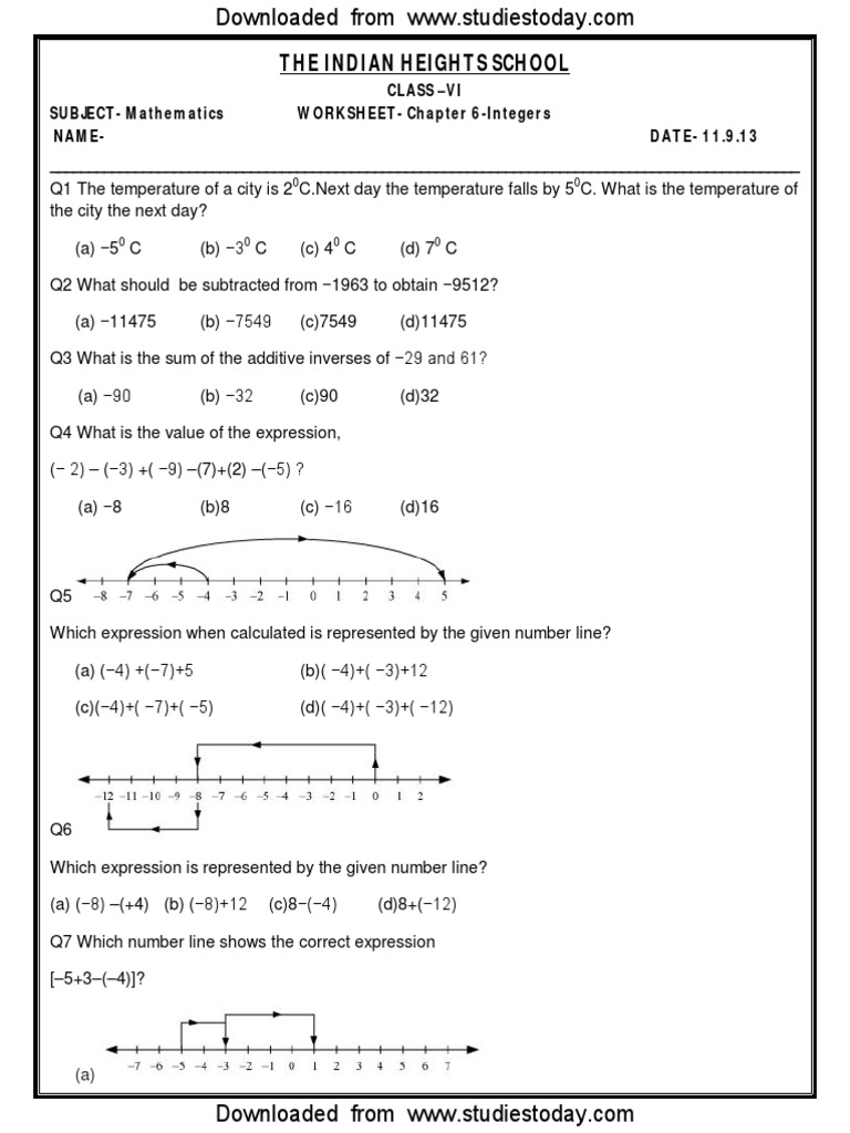 CBSE Class 6 Integers Worksheet | PDF