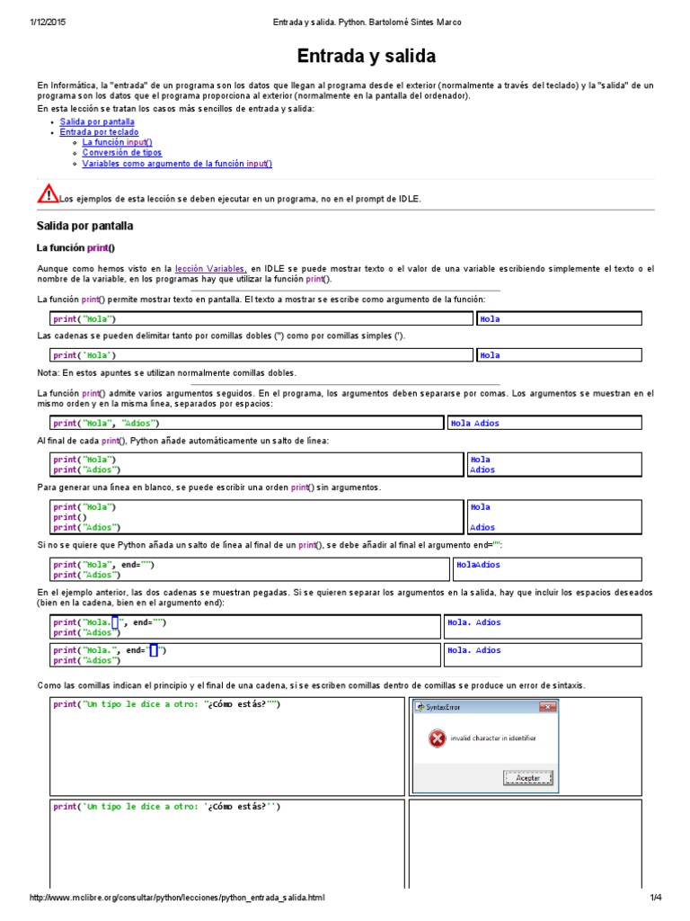 Entrada y Salida. Python | PDF | Comillas | Programa de computadora Entrada y Salida. Python | PDF | Comillas | Programa de computadora