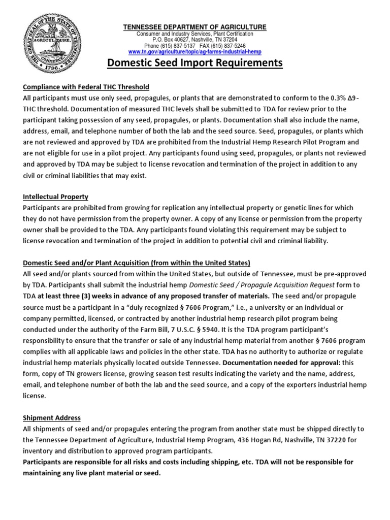 Domestic Seed Import Requirements | PDF | Hemp | License