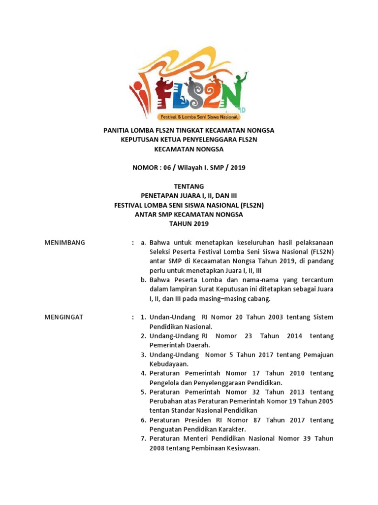 Contoh SK Panitia O2sn fls2n Tingkat Kecamatan | PDF
