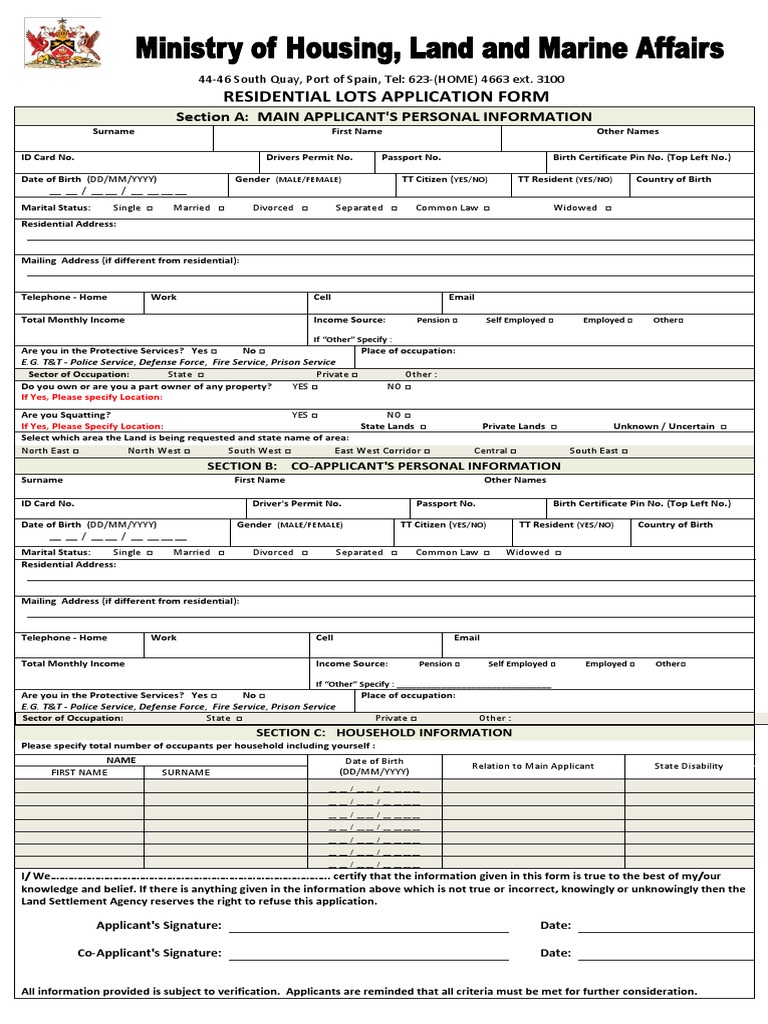 Residential Lots Application Form: Section A: Main Applicant'S Personal ...
