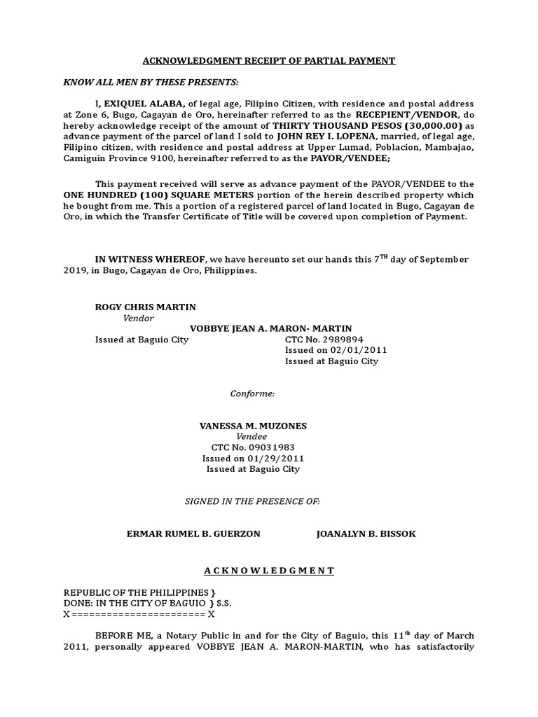 Acknowledgment Receipt of Partial Payment | PDF | Official Documents ...