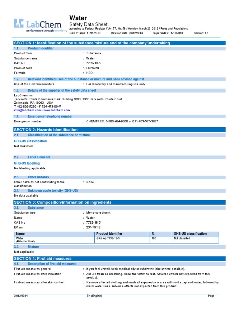 Msds Water | PDF | Toxicity | Firefighting