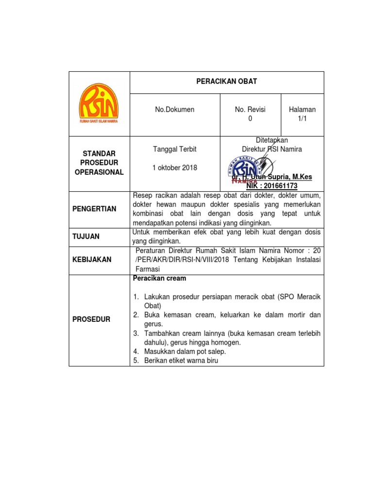 Prosedur Peracikan Obat di RSI Namira | PDF