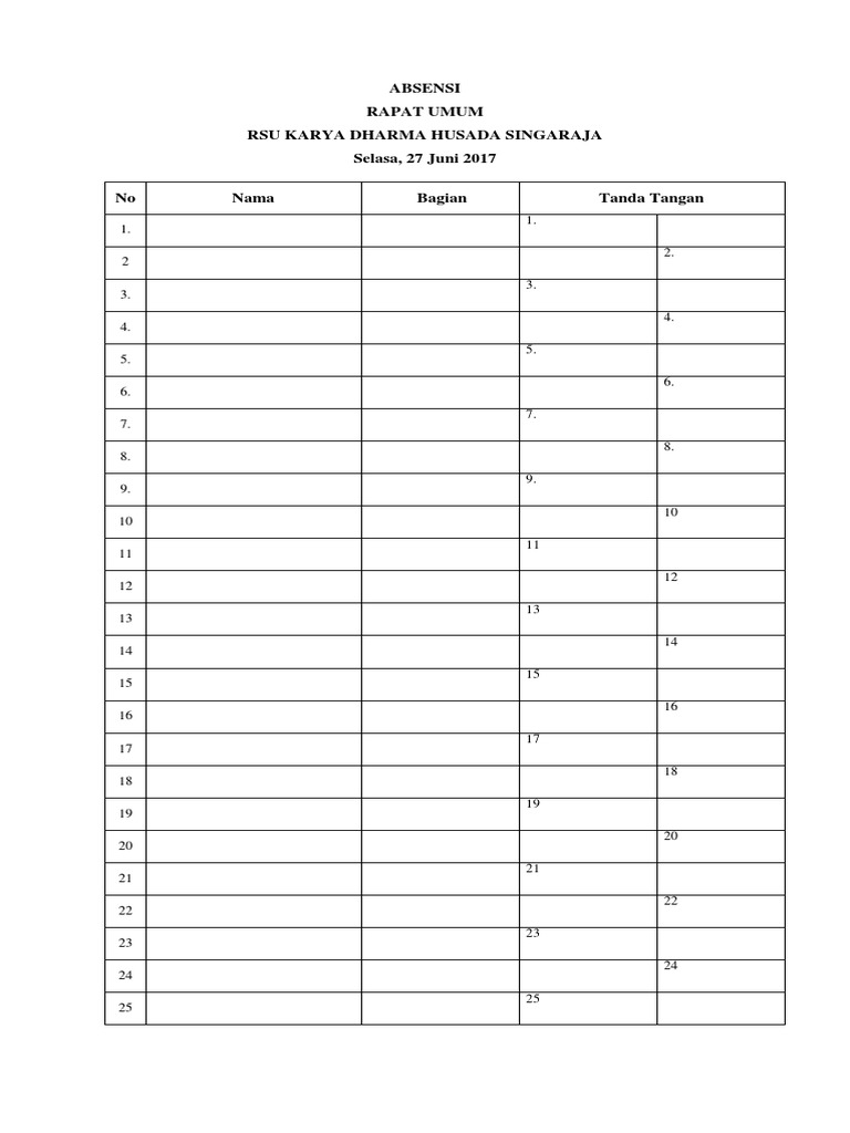 Absensi Rapat Umum Rsu Karya Dharma Husada Singaraja Selasa, 27 Juni ...