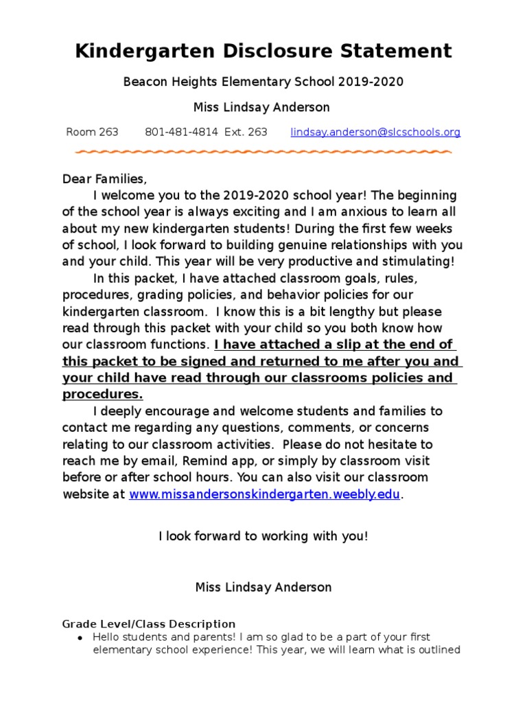 Kindergarten Disclosure 2019-2020 Guide | PDF | Homework | Curriculum