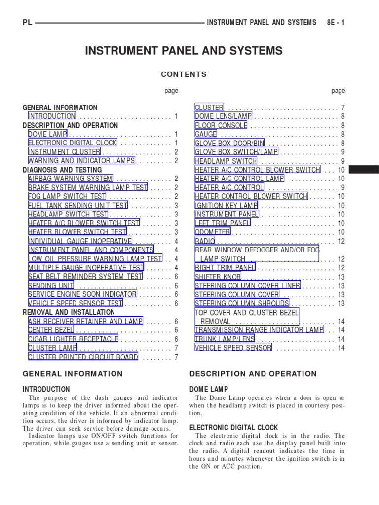 PL Instrument Panel and Systems 8E - 1 | PDF | Electrical Connector ...