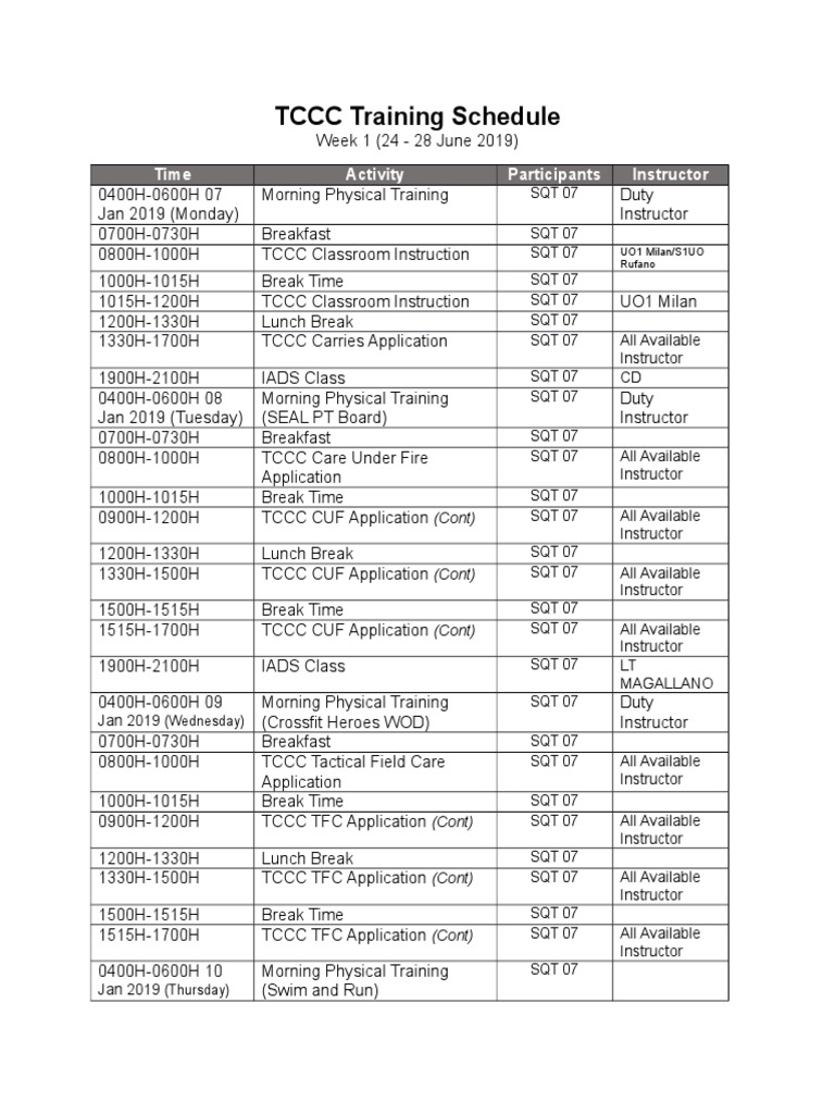 TCCC Training Schedule: Time Activity Participants Instructor | PDF ...