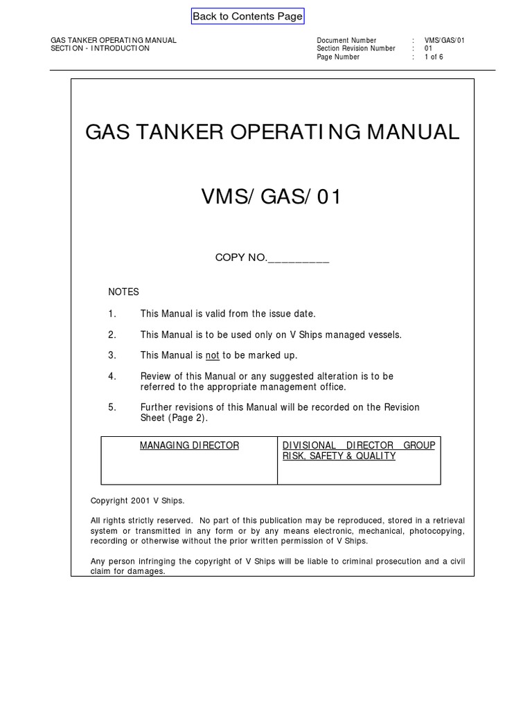 Gas Tanker Operating Manual VMS/GAS/01: COPY NO. | PDF | Oil Tanker | Ships