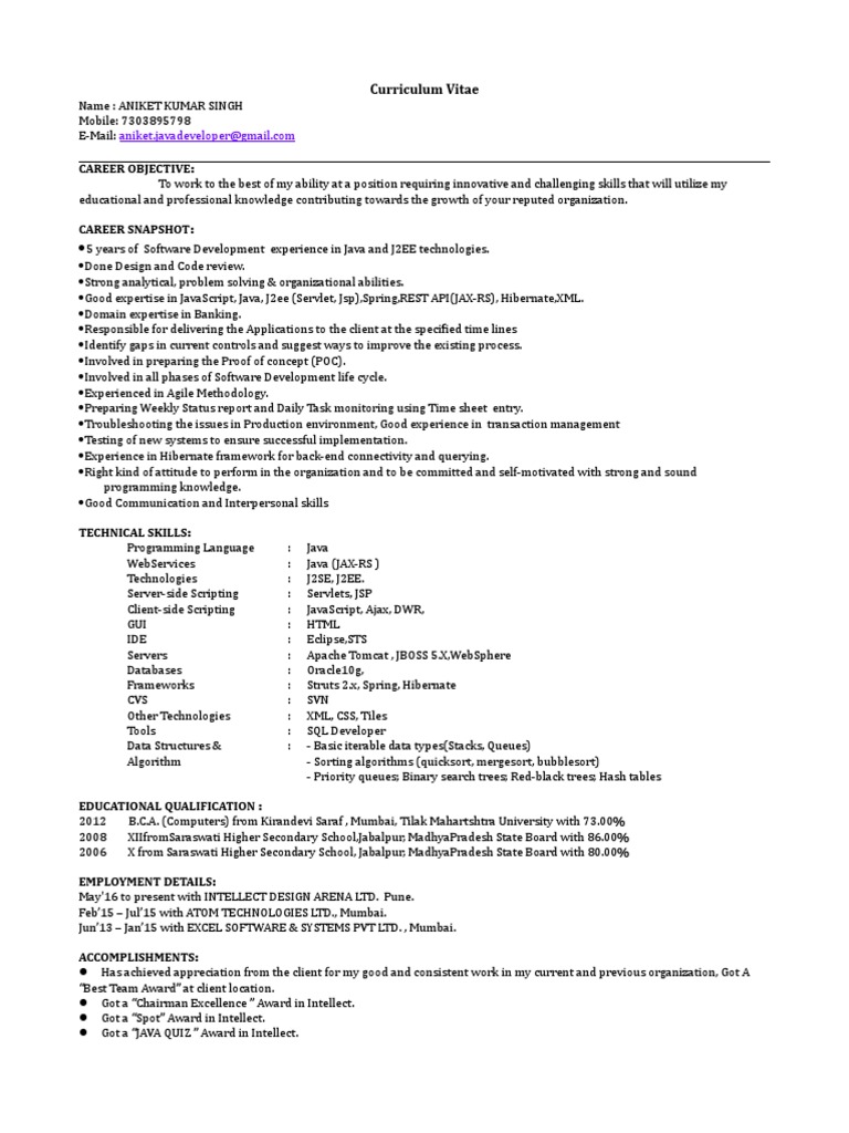 Career Objective:: Curriculum Vitae | PDF | Databases | Java (Programming Language)