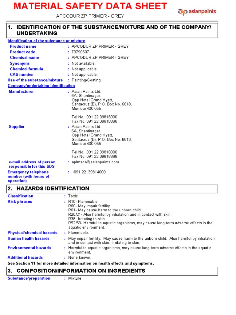 Asian Paints MSDS and Safety Data | PDF