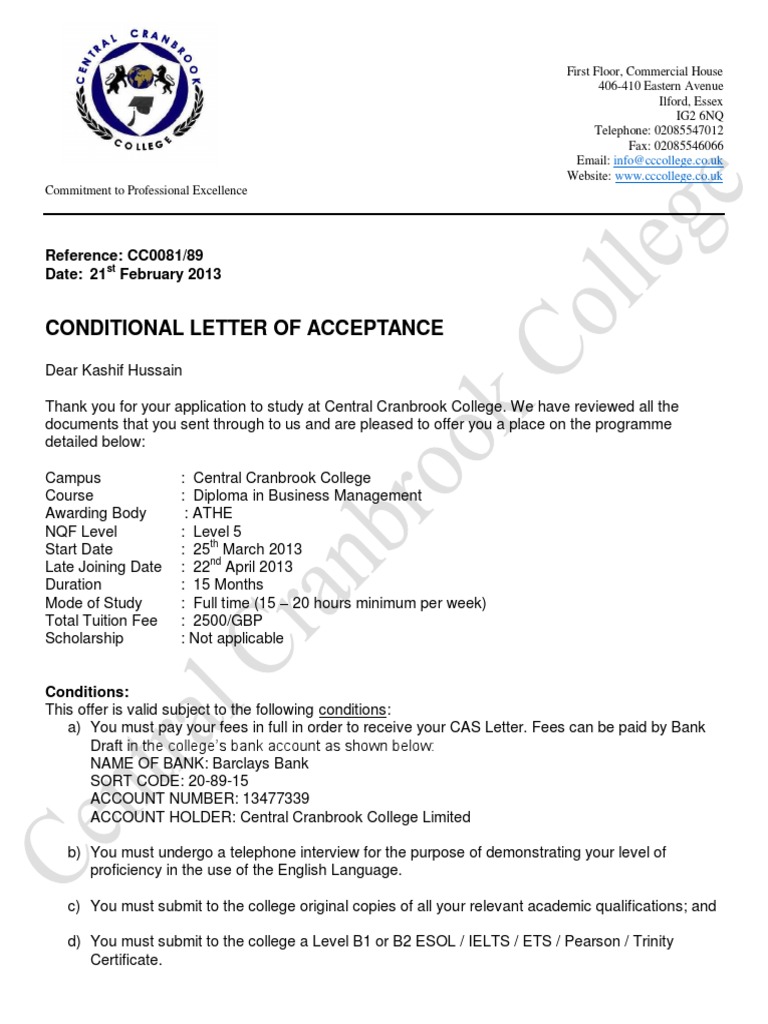 Conditional Letter of Acceptance: Reference: CC0081/89 Date: 21 ...