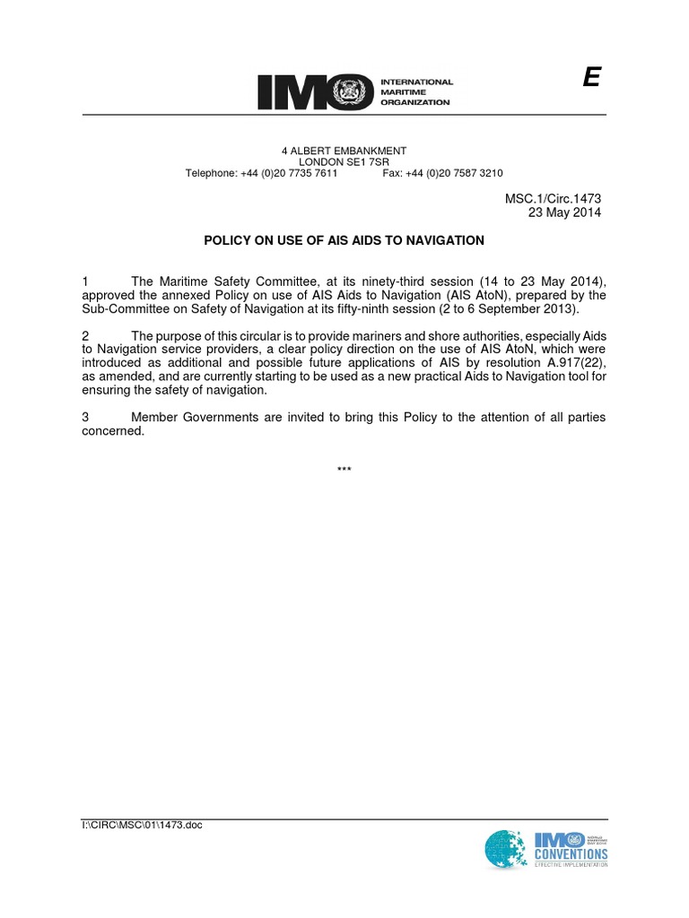 Imo Msc1 Circ1473 Policy On Use of Ais Aton | PDF | Water Transport | Navigation