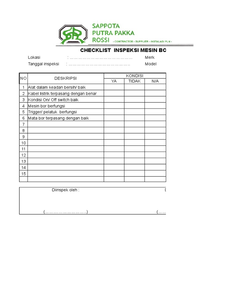 Checklist Inspeksi Mesin Bor | PDF