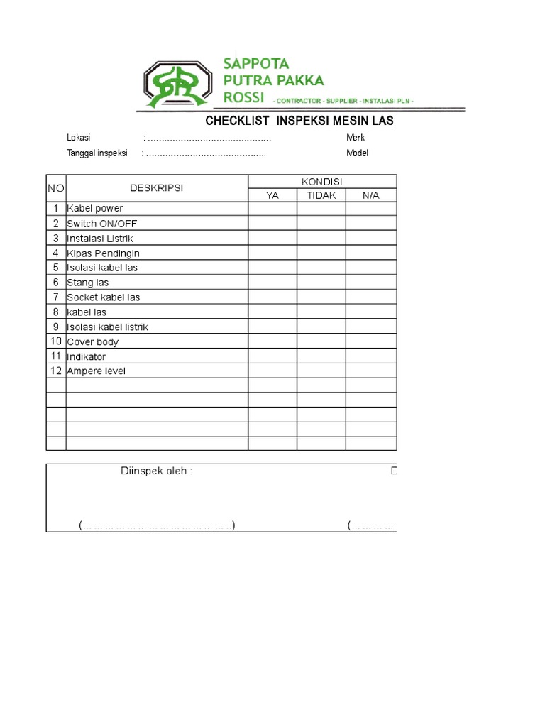 Form Checklist Mesin Las