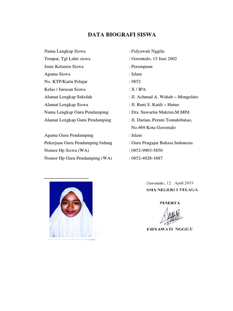 Data Biografi Siswa Pcta Edit | PDF