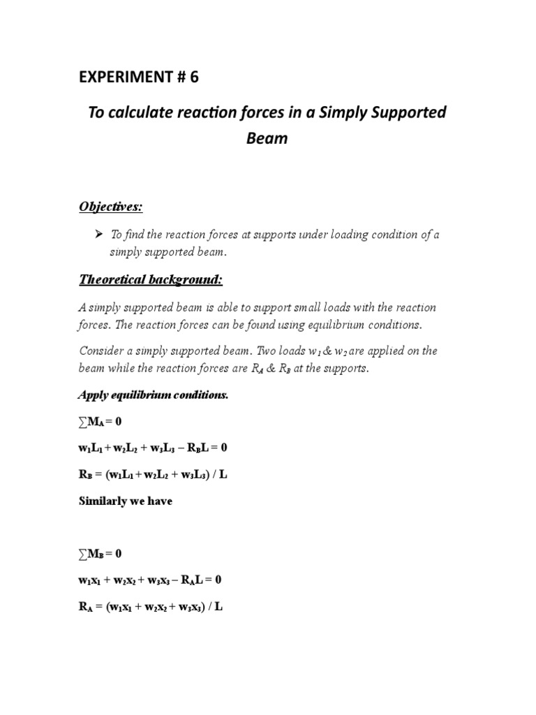 To Calculate Reaction Forces in A Simply Supported Beam: Experiment # 6 ...