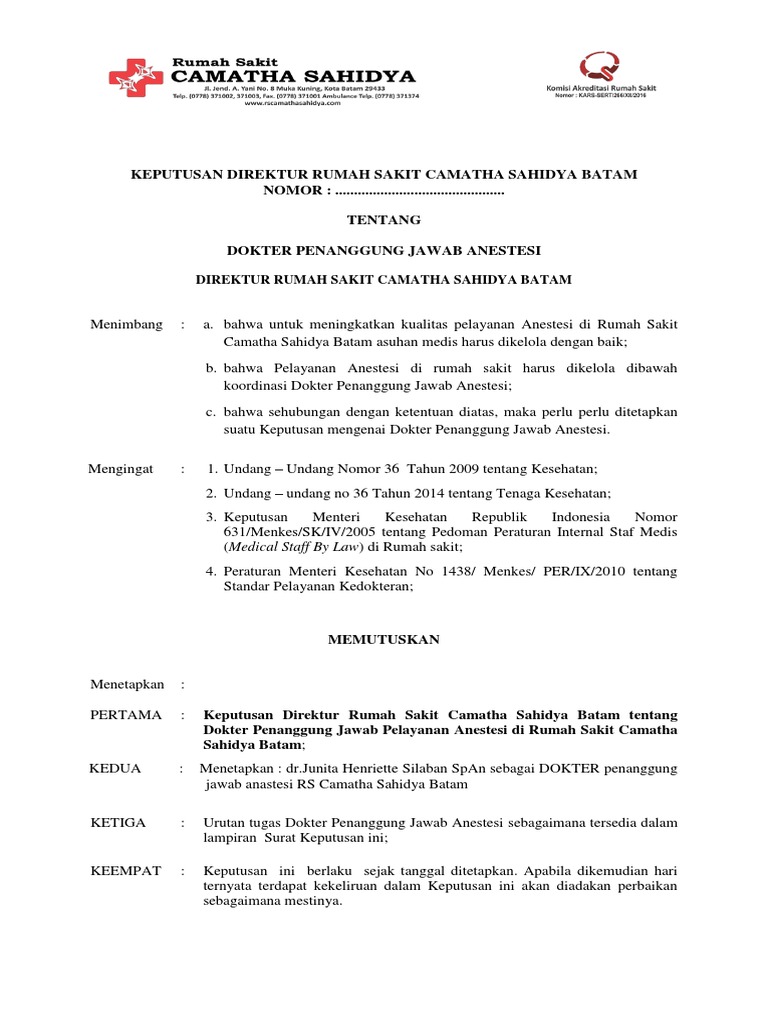Keputusan Dokter Anestesi RS Camatha Batam | PDF | Pengembangan Diri ...