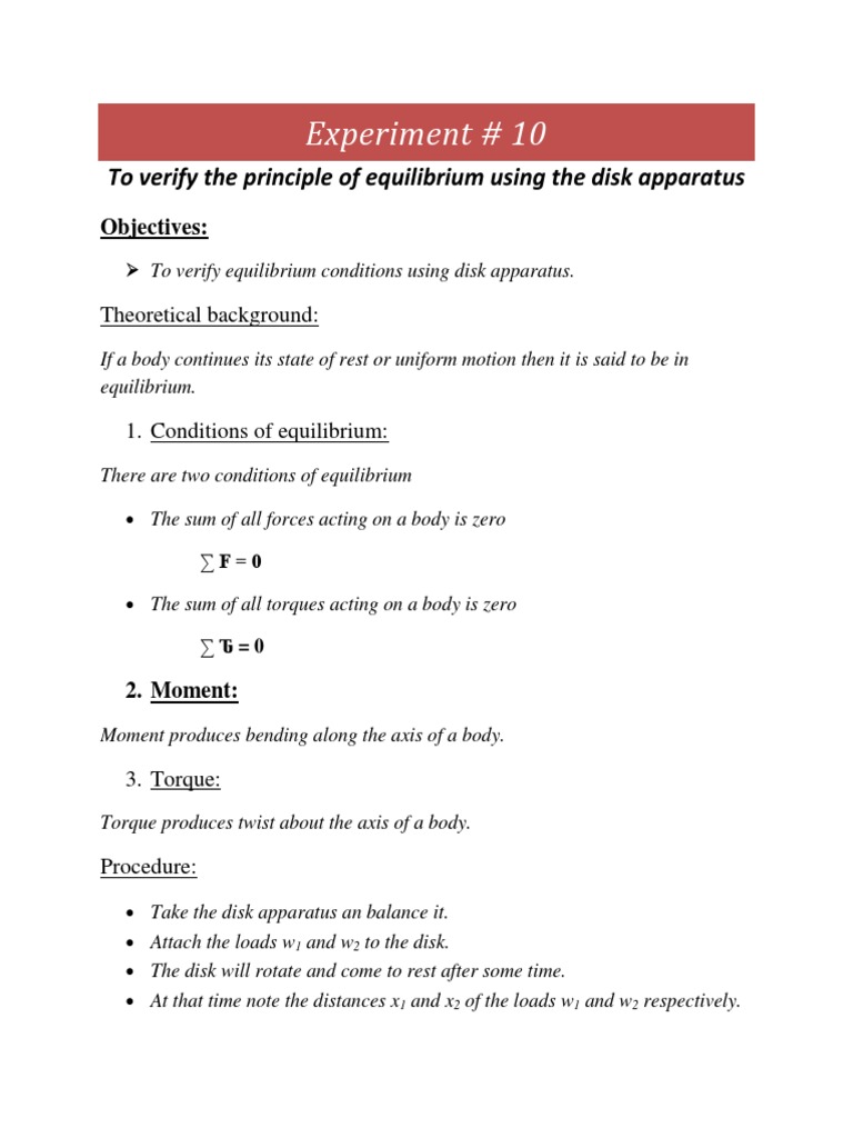 Experiment # 10: To Verify The Principle of Equilibrium Using The Disk ...