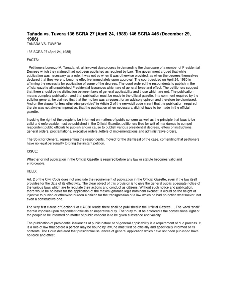 Tañada vs. Tuvera 136 SCRA 27 (April 24, 1985) 146 SCRA 446 (December ...