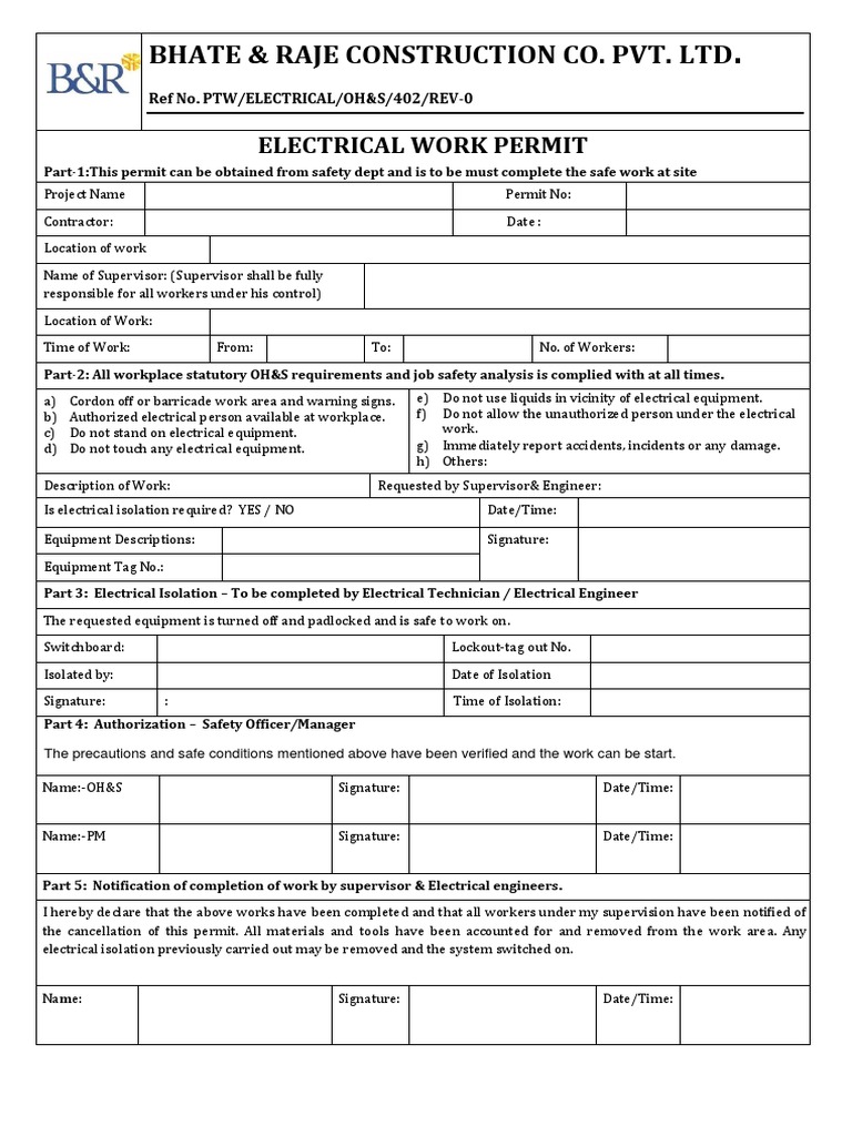 Bhate & Raje Construction Co. Pvt. LTD: Electrical Work Permit | PDF ...