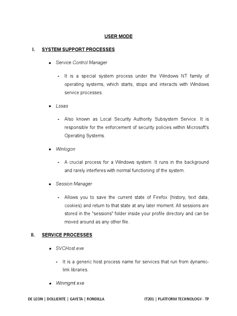 User Mode I. System Support Processes: de Leon - Dolliente - Gayeta ...