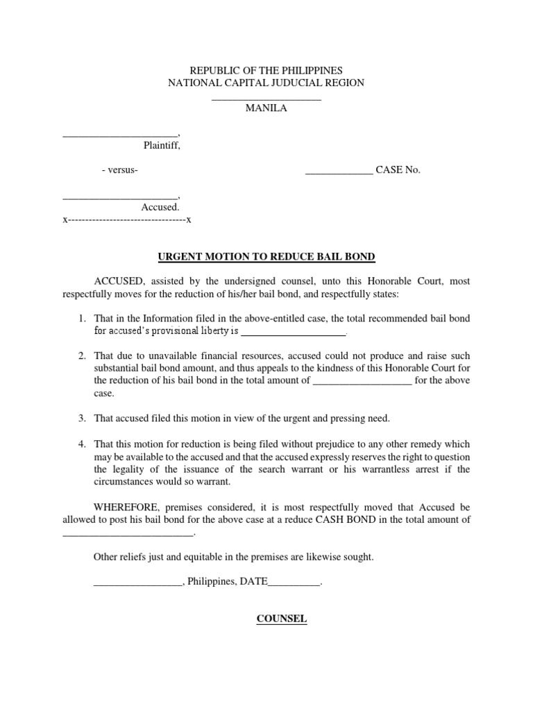 Urgent Motion To Reduce Bail Bond | PDF | Bail | Search Warrant
