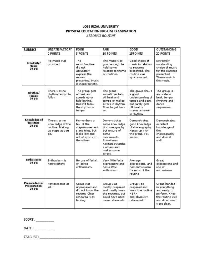 Aerobics Rubrics | PDF | Performing Arts | Entertainment (General)