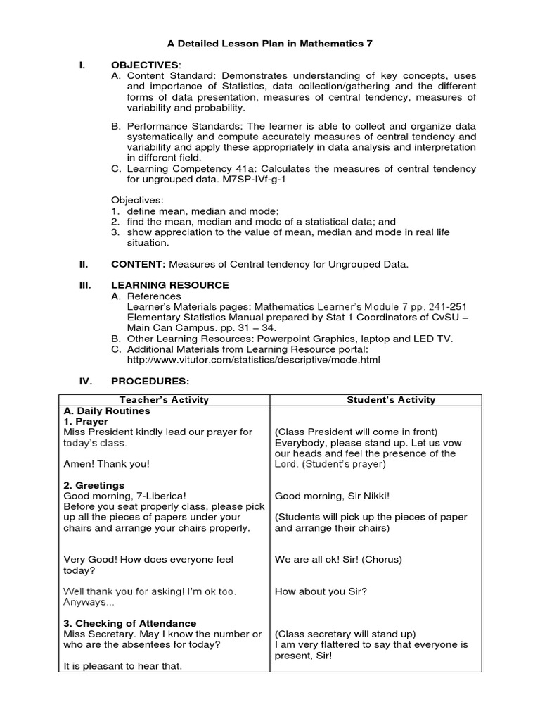 Lesson Plan Measures of Central Tendency | PDF | Mode (Statistics ...