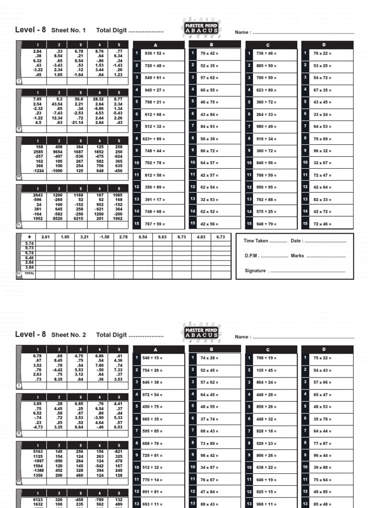 Master Mind Abacus Level 8 Worksheet | PDF | Tools | Teaching Mathematics
