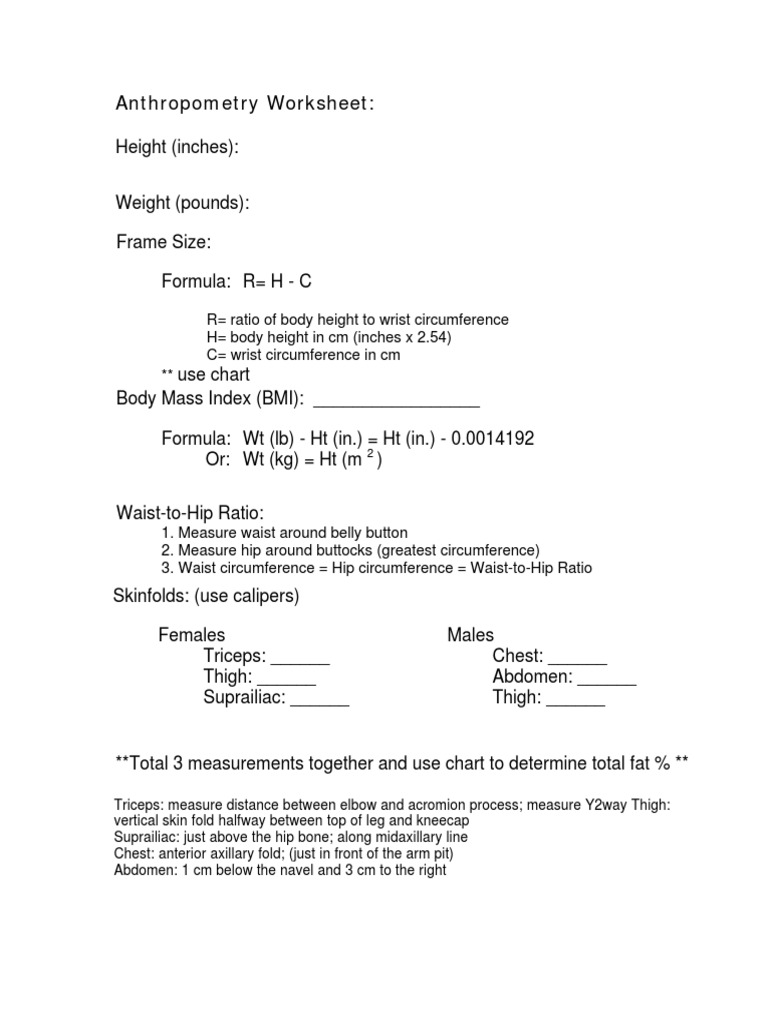 Anthropometry Worksheet | PDF | Wellness