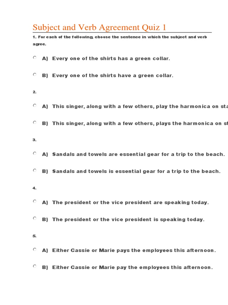 Subject and Verb Agreement Quiz 1 | PDF | Grammatical Number | Plural