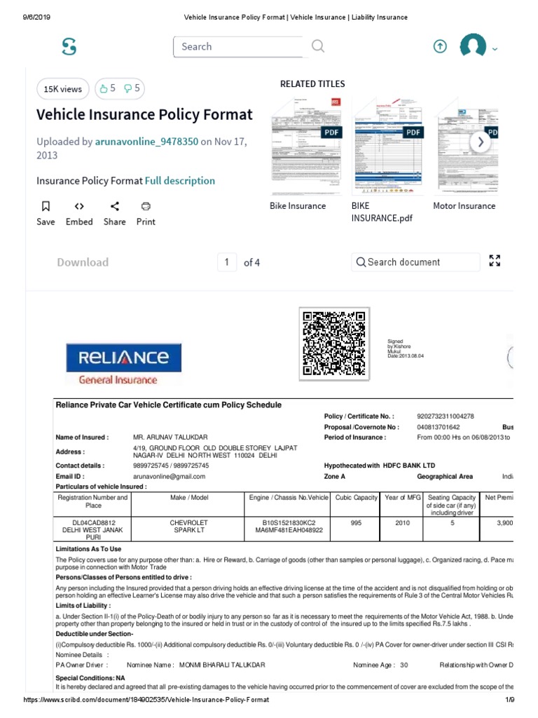 Vehicle Insurance Policy Format - Vehicle Insurance - Liability ...