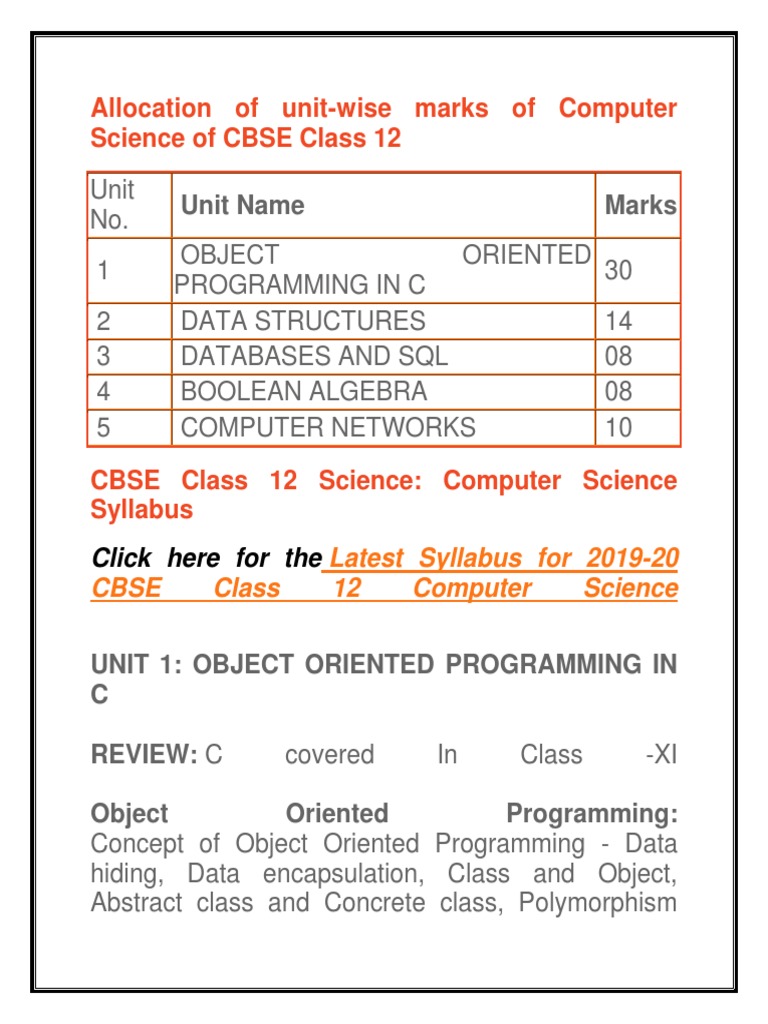 Allocation of Unit-Wise Marks of Computer Science of CBSE Class 12 ...