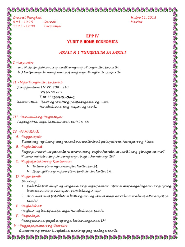 DLP in Epp - Home Economics - Docx Version 1 | PDF