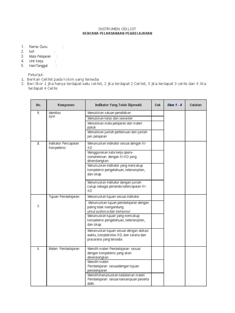Instrumen Ceklist RPP | PDF